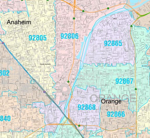 Color Cast Zip Code Style Wall Map of Anaheim by Market Maps – American Map Store