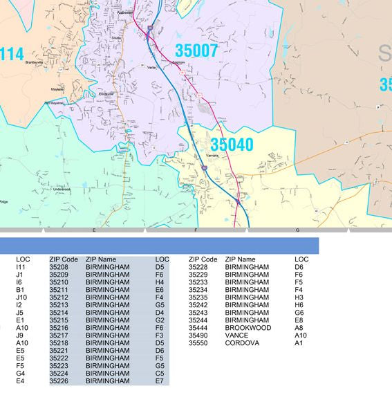 Color Cast Zip Code Style Wall Map of Birmingham, AL by Market Maps ...