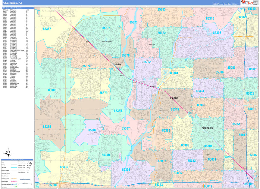 Color Cast Zip Code Style Wall Map of Glendale, AZ by Market Maps ...