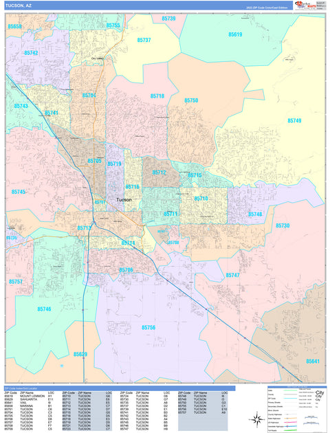 Color Cast Zip Code Style Wall Map of Tucson, AZ by Market Maps ...