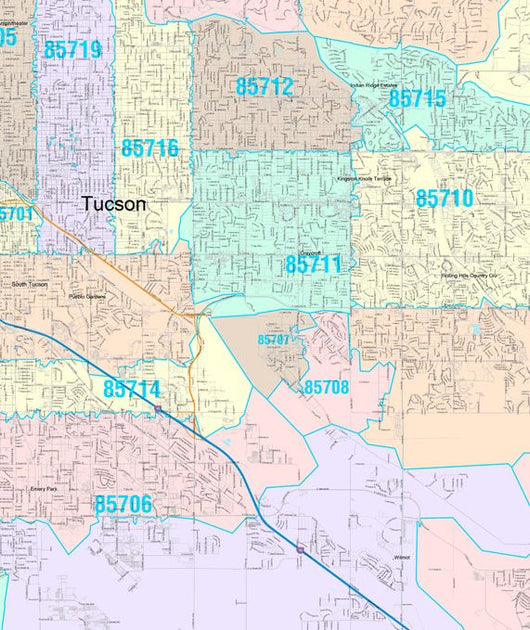 Color Cast Zip Code Style Wall Map of Tucson, AZ by Market Maps ...
