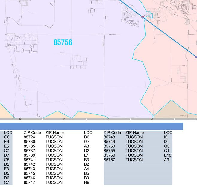Color Cast Zip Code Style Wall Map of Tucson, AZ by Market Maps ...
