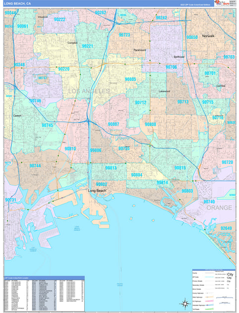 Colorcast Zip Code Style Wall Map of Long Beach, CA by Market Maps ...