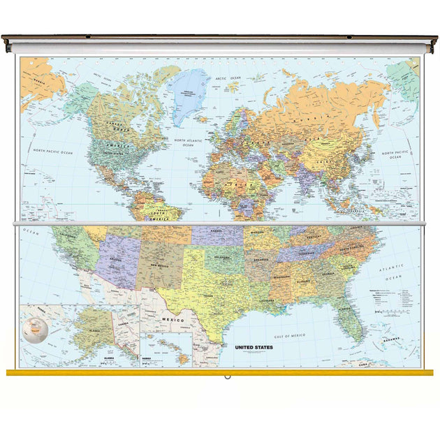US, World & Continent Combo Pull Down Maps – American Map Store