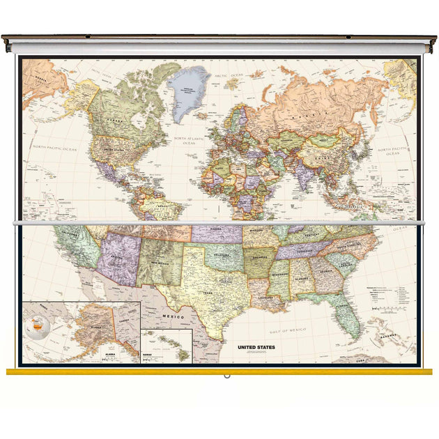 US, World & Continent Combo Pull Down Maps – American Map Store