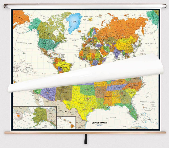 Contemporary US and World Map Classroom Pull Down 2 Map Bundle ...