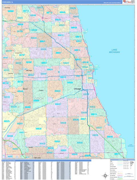 Color Cast Zip Code Style Wall Map of Chicago, IL by Market Maps ...