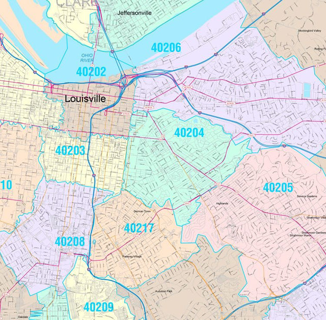 Colorcast Zip Code Style Wall Map of Louisville, KY. by Market Maps ...