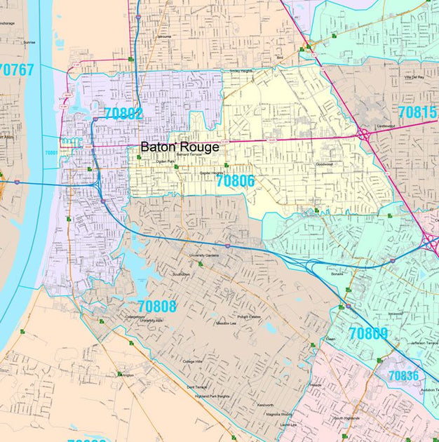 Color Cast Zip Code Style Wall Map of Baton Rouge by Market Maps ...