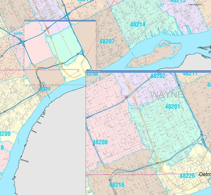 Colorcast Zip Code Style Wall Map of Detroit, MI. by Market Maps ...