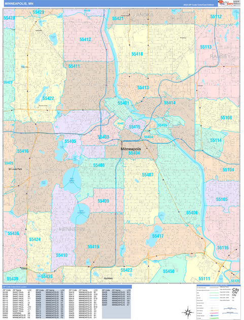 Colorcast Zip Code Style Wall Map of Minneapolis, MN. by Market Maps ...