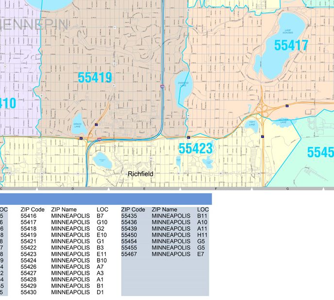 Colorcast Zip Code Style Wall Map of Minneapolis, MN. by Market Maps ...