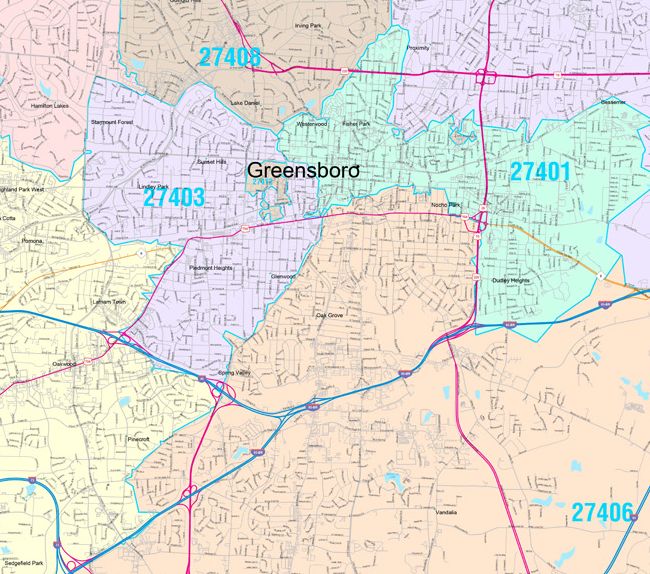 Color Cast Zip Code Style Wall Map of Greensboro, NC by Market Maps ...