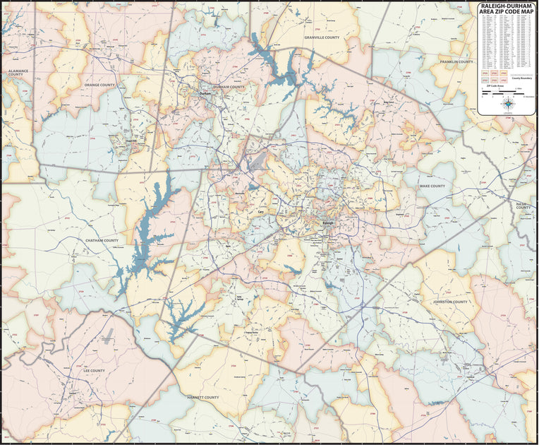 Raleigh - Durham Area Zip Code Map – American Map Store