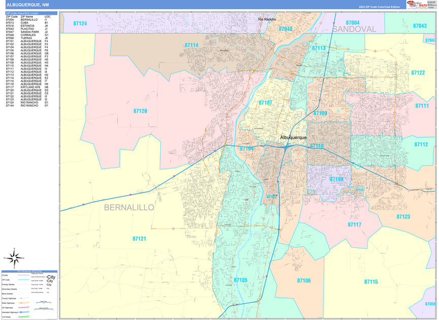 Color Cast Zip Code Style Wall Map of Albuquerque by Market Maps ...