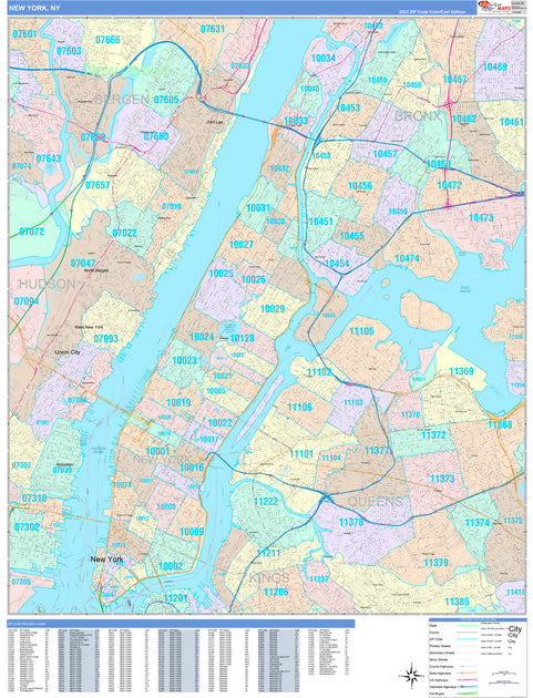 Color Cast Zip Code Style Wall Map of New York, NY by Market Maps ...