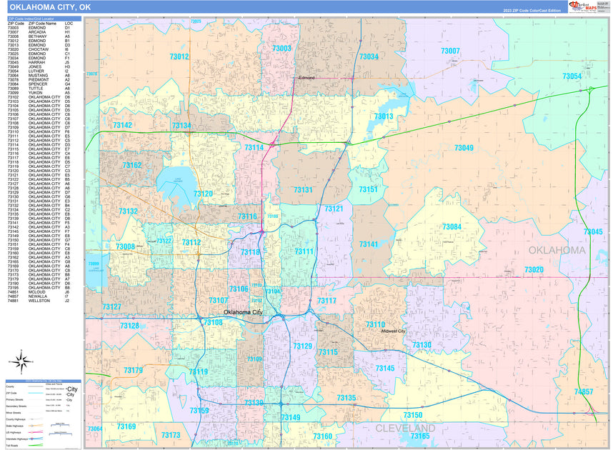 Color Cast Zip Code Style Wall Map of Oklahoma City, OK by Market Maps ...