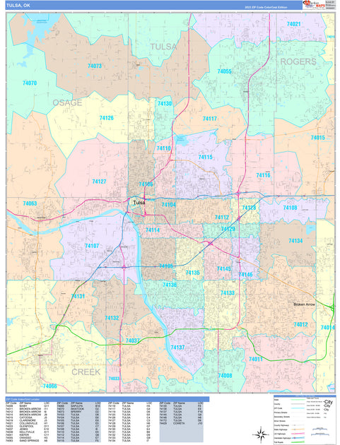Color Cast Zip Code Style Wall Map of Tulsa, OK by Market Maps ...
