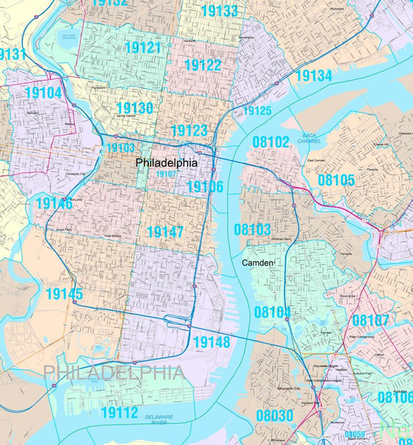 Colorcast Zip Code Style Wall Map of Philadelphia, PA by Market Maps ...