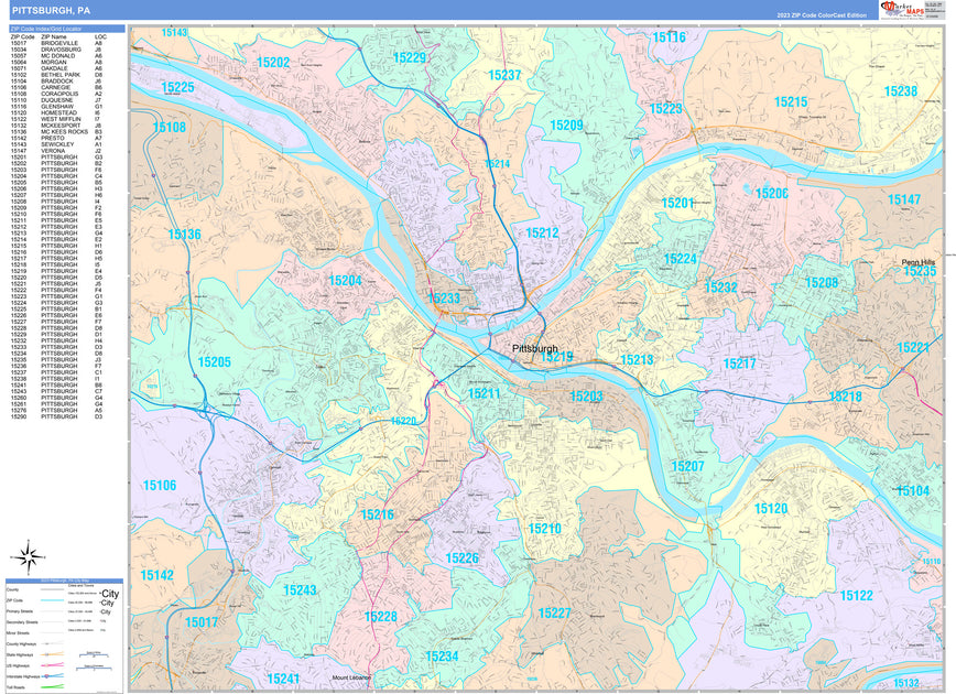 Colorcast Zip Code Style Wall Map of Pittsburgh, PA by Market Maps ...