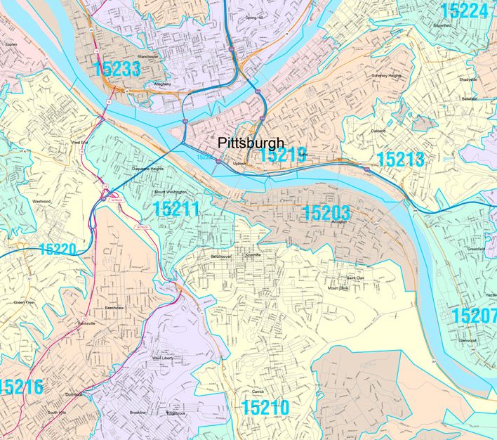 Colorcast Zip Code Style Wall Map of Pittsburgh, PA by Market Maps ...
