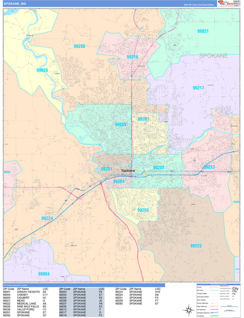 Color Cast Zip Code Style Wall Map of Spokane, WA by Market Maps ...