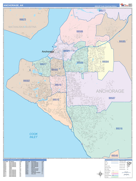Color Cast Zip Code Style Wall Map of Anchorage AK – American Map Store