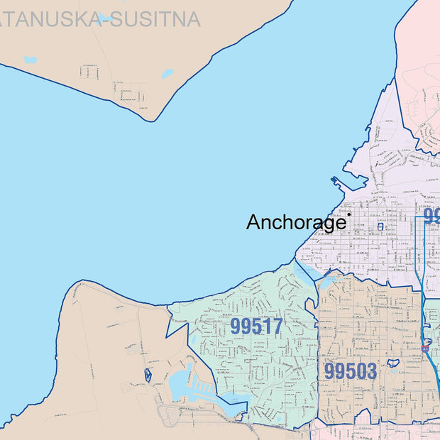 Color Cast Zip Code Style Wall Map of Anchorage AK – American Map Store