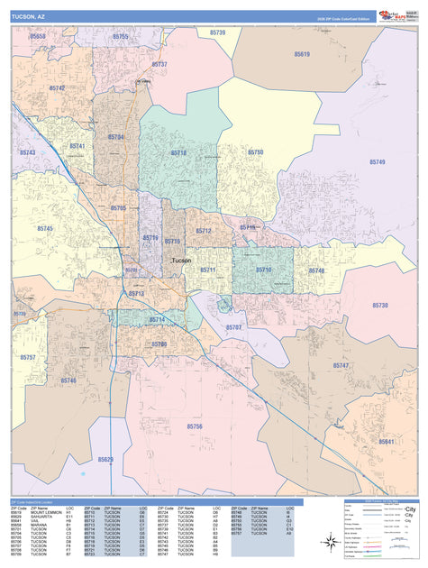 Color Cast Zip Code Style Wall Map of Tucson, AZ – American Map Store