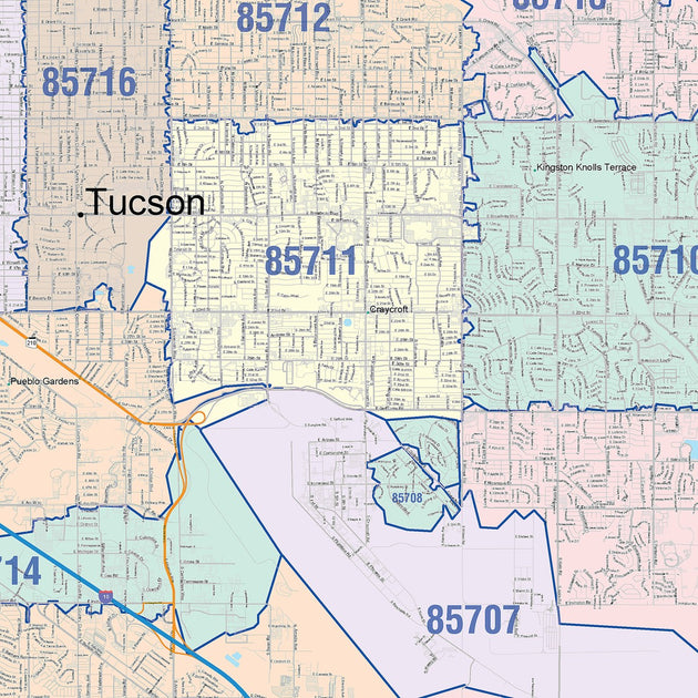 Color Cast Zip Code Style Wall Map of Tucson, AZ – American Map Store