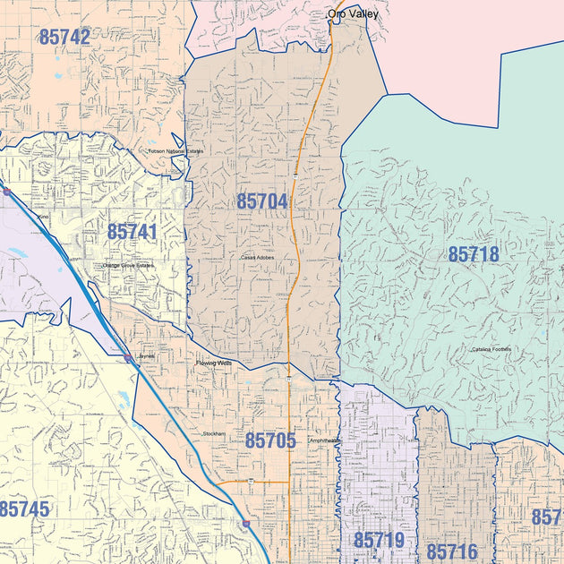 Color Cast Zip Code Style Wall Map of Tucson, AZ – American Map Store