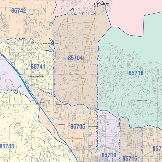 Color Cast Zip Code Style Wall Map of Tucson, AZ – American Map Store