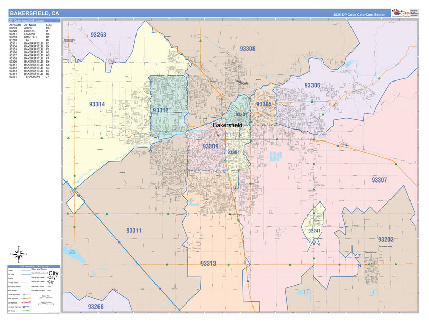 Color Cast Zip Code Style Wall Map of Bakersfield, CA – American Map Store