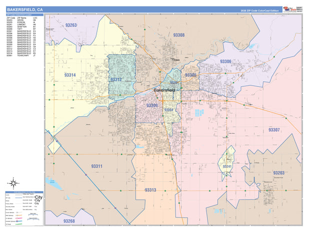 Color Cast Zip Code Style Wall Map of Bakersfield, CA – American Map Store