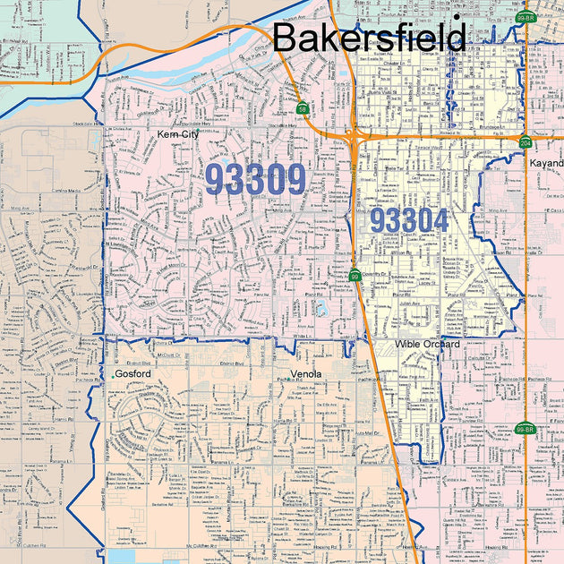 Color Cast Zip Code Style Wall Map of Bakersfield, CA – American Map Store
