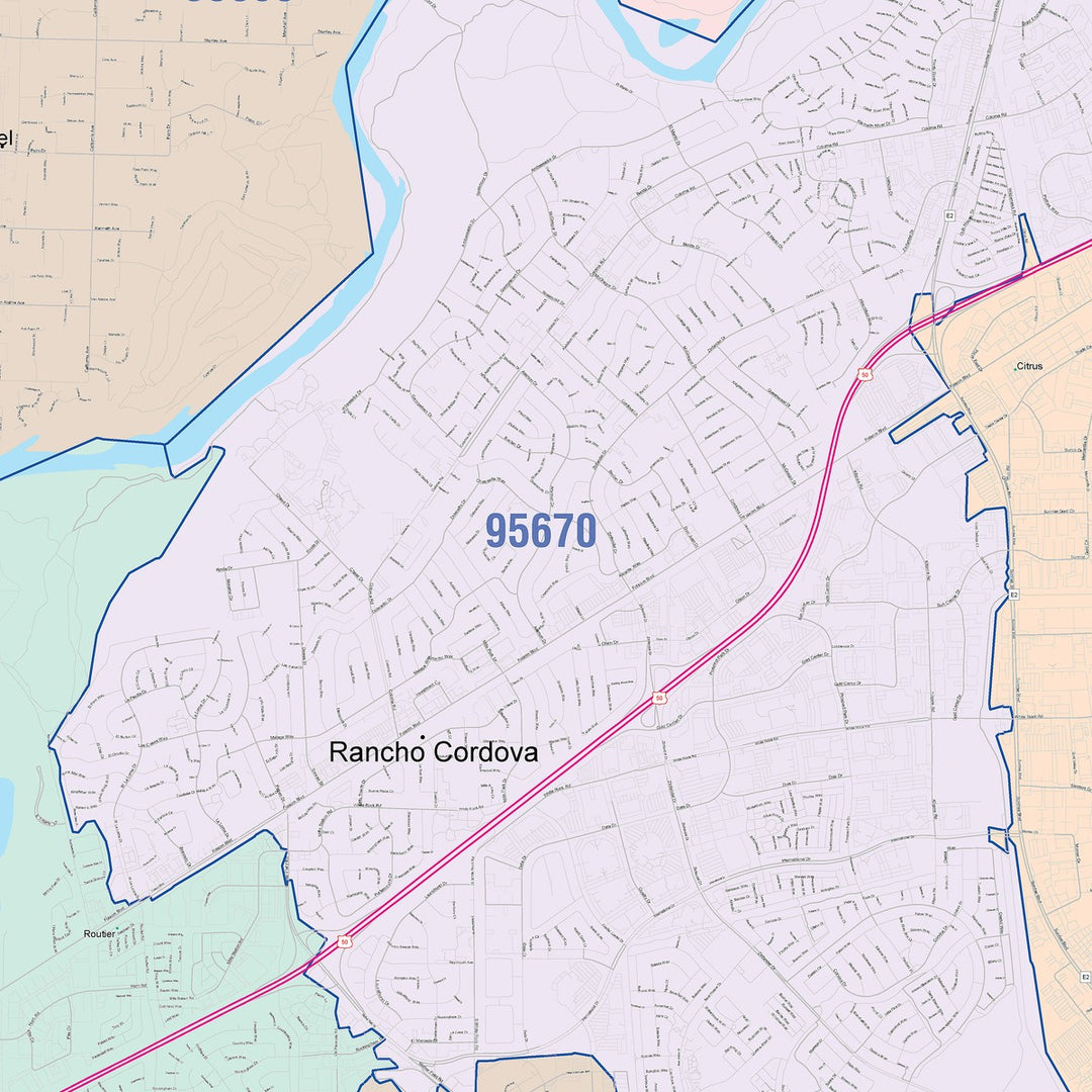 Color Cast Zip Code Style Wall Map of Rancho Cordova, CA – American Map ...