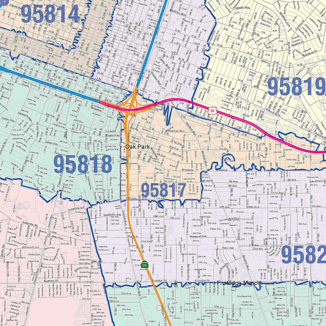 Color Cast Zip Code Style Wall Map of Sacramento, CA – American Map Store