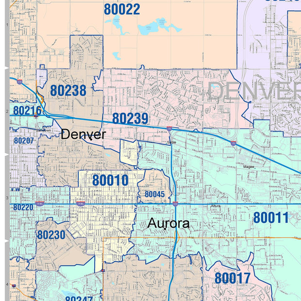 Color Cast Zip Code Style Wall Map of Aurora CO – American Map Store