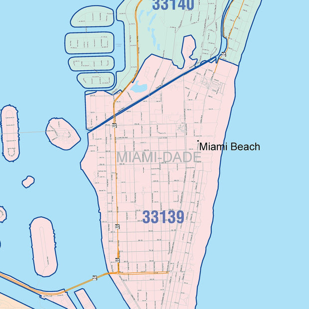 Colorcast Zip Code Style Wall Map of Miami Beach FL – American Map Store