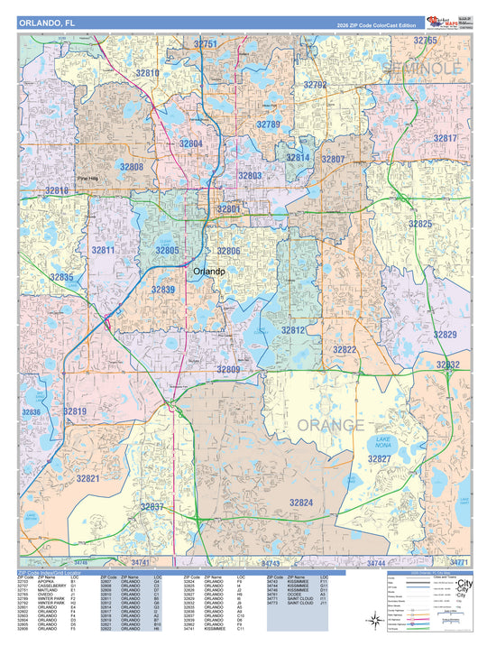 Color Cast Zip Code Style Wall Map of Orlando, FL – American Map Store