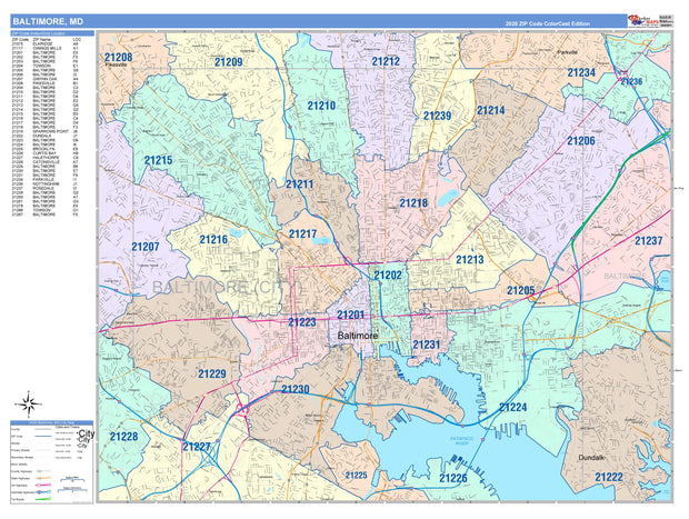 Color Cast Zip Code Style Wall Map of Baltimore MD – American Map Store