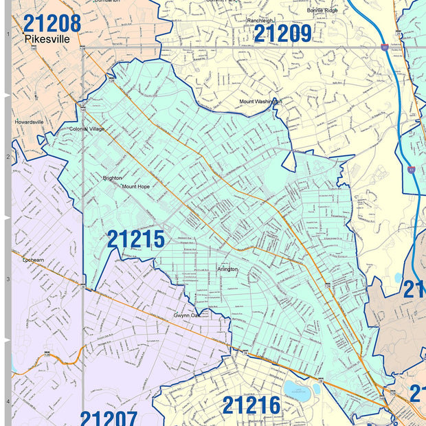 Color Cast Zip Code Style Wall Map of Baltimore MD – American Map Store