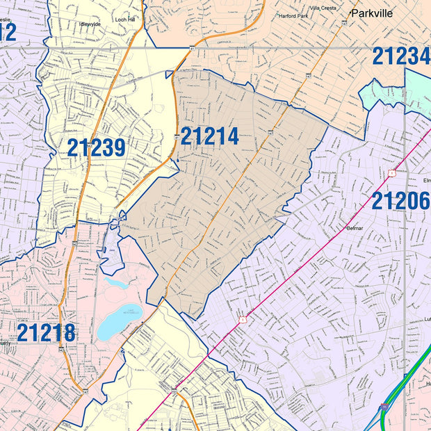 Color Cast Zip Code Style Wall Map of Baltimore MD – American Map Store