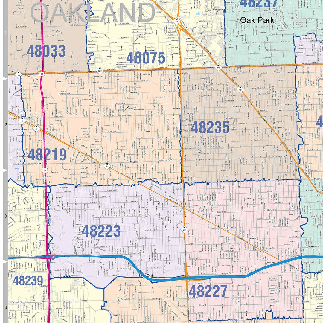 Colorcast Zip Code Style Wall Map of Detroit, MI – American Map Store