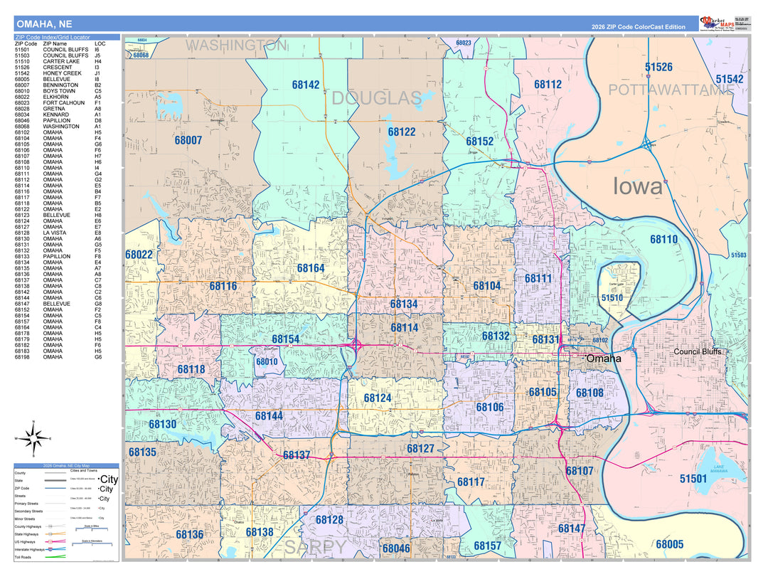 Colorcast Zip Code Style Wall Map of Omaha, NE – American Map Store