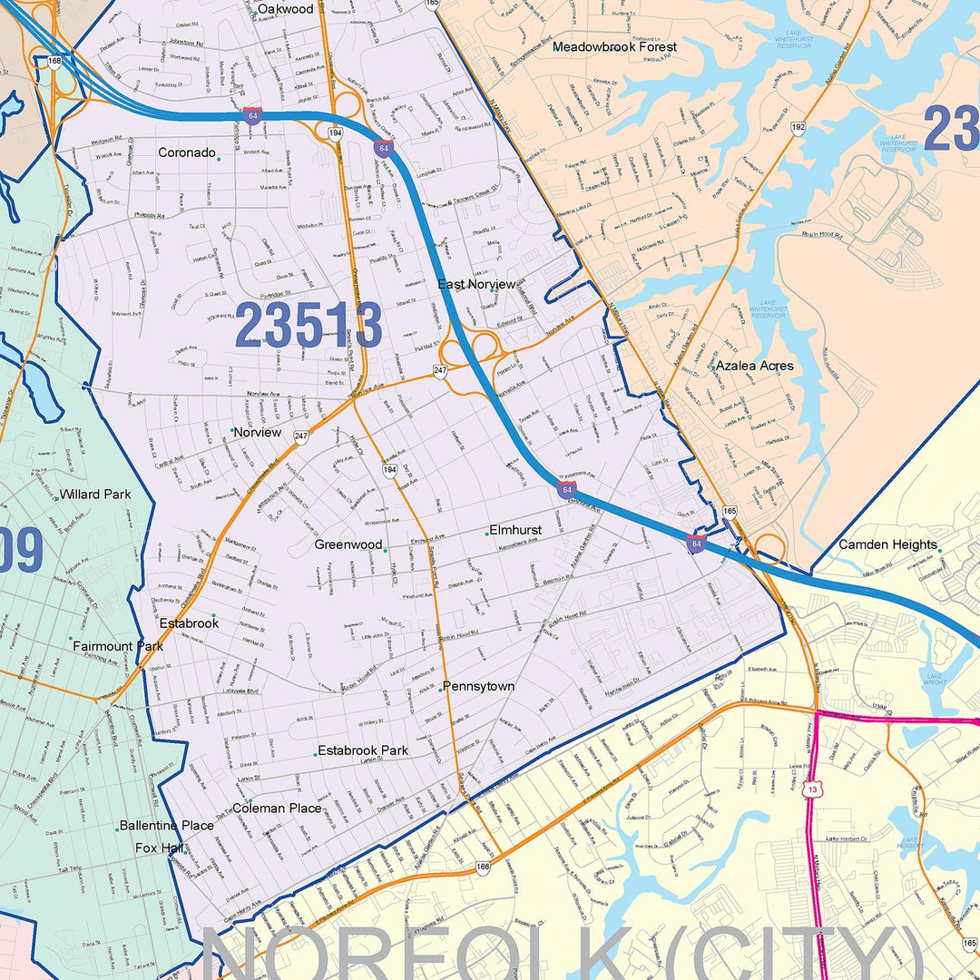 Color Cast Zip Code Style Wall Map of Norfolk, VA – American Map Store