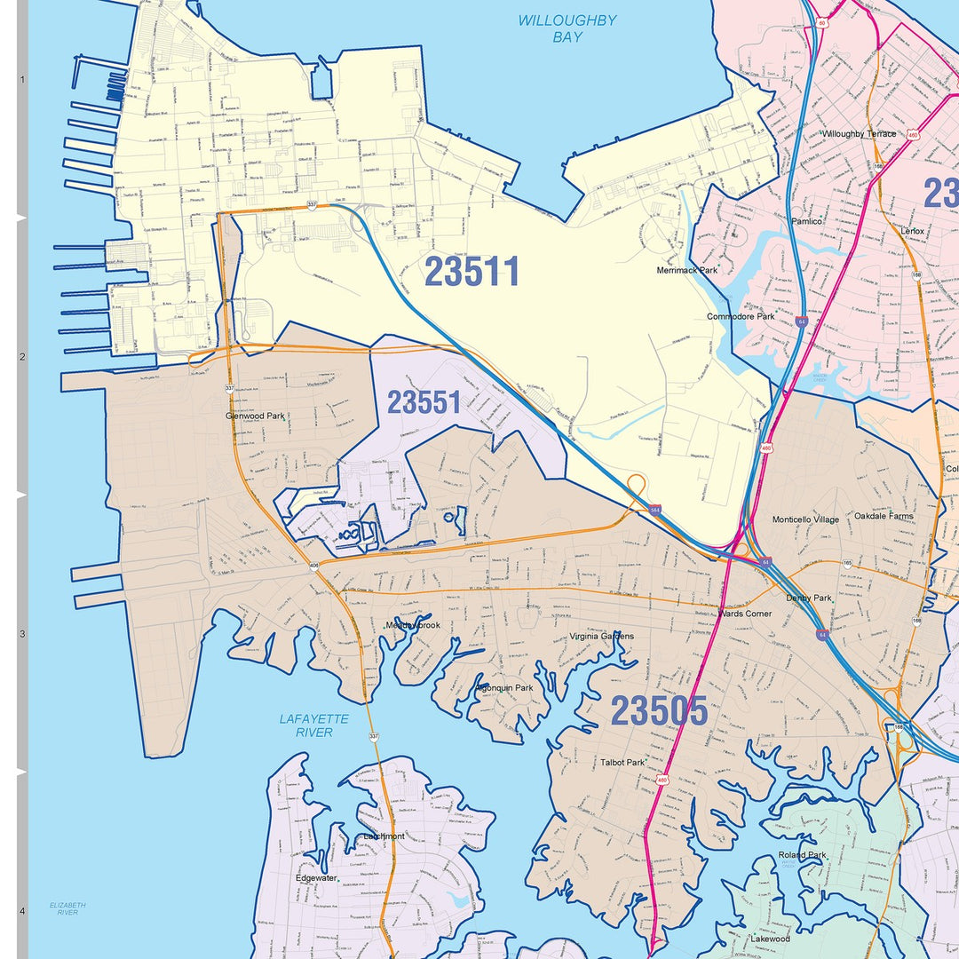 Color Cast Zip Code Style Wall Map of Norfolk, VA – American Map Store
