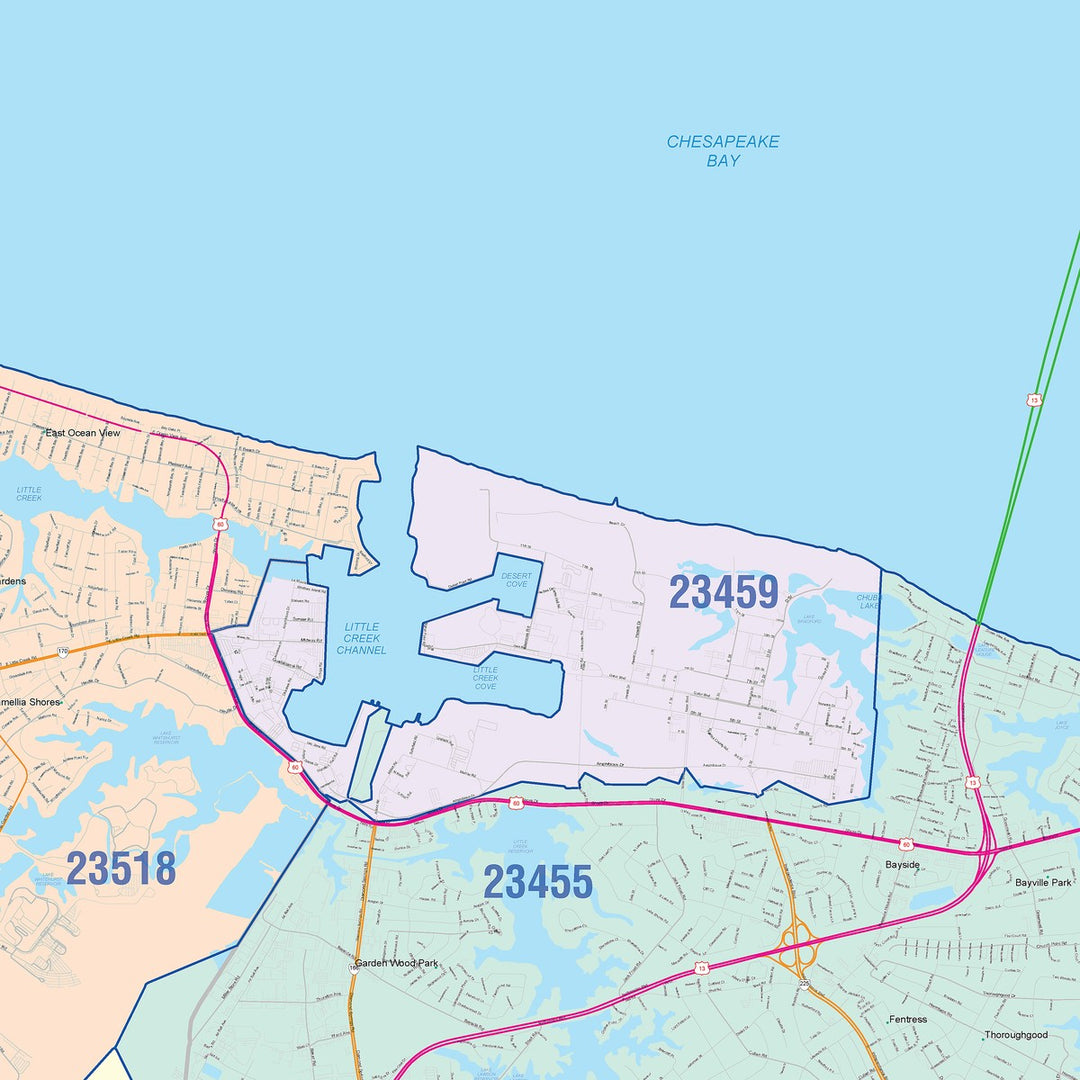 Color Cast Zip Code Style Wall Map of Norfolk, VA – American Map Store