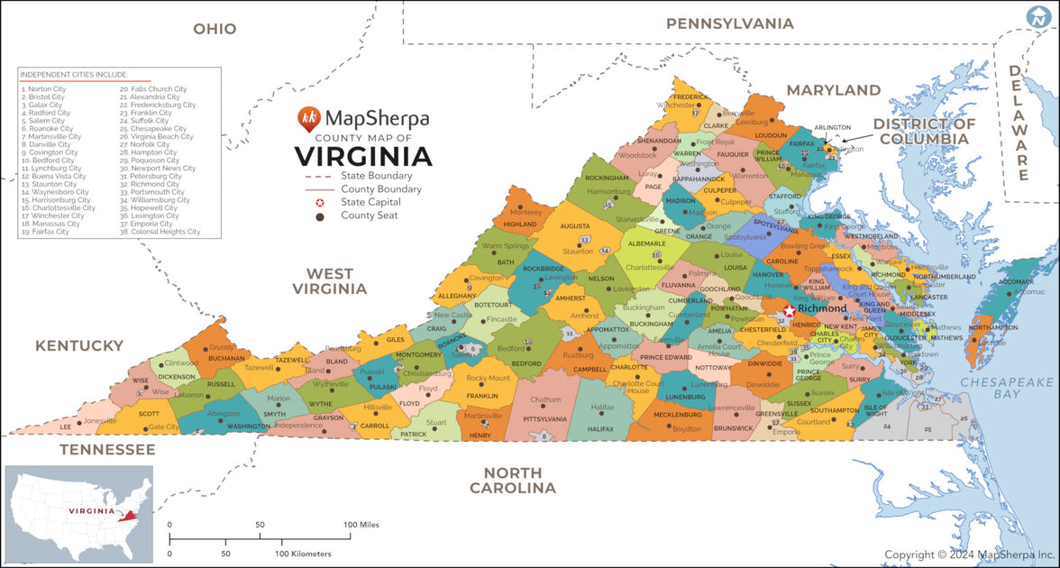 Virginia Counties Map – American Map Store