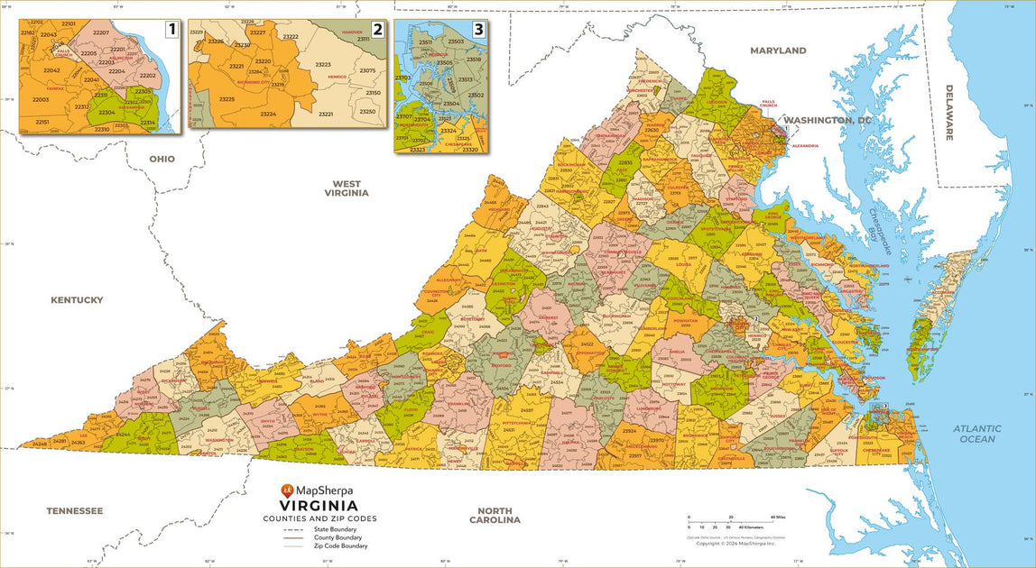 Virginia Zip Code Map with Counties – American Map Store